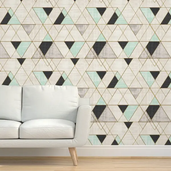 Spoonflower Mod Triangles Vintage Bw Mint 100% Natural Sisal Grasscloth Wallcovering