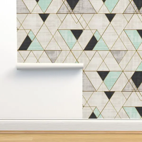 Spoonflower Mod Triangles Vintage Bw Mint 100% Natural Sisal Grasscloth Wallcovering