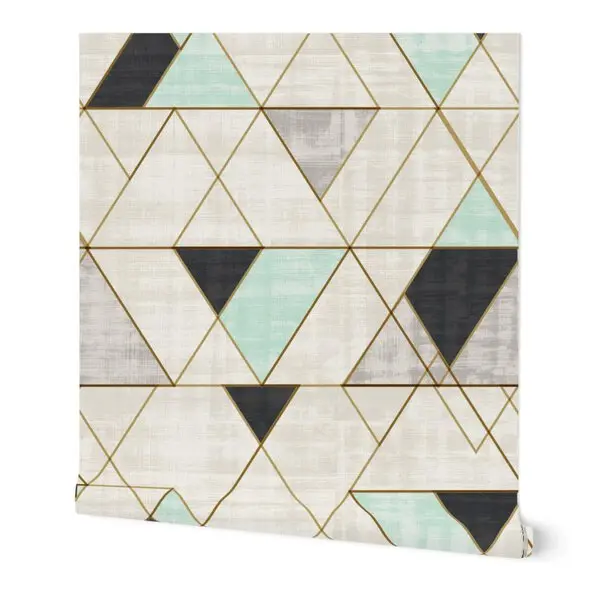 Spoonflower Mod Triangles Vintage Bw Mint 100% Natural Sisal Grasscloth Wallcovering