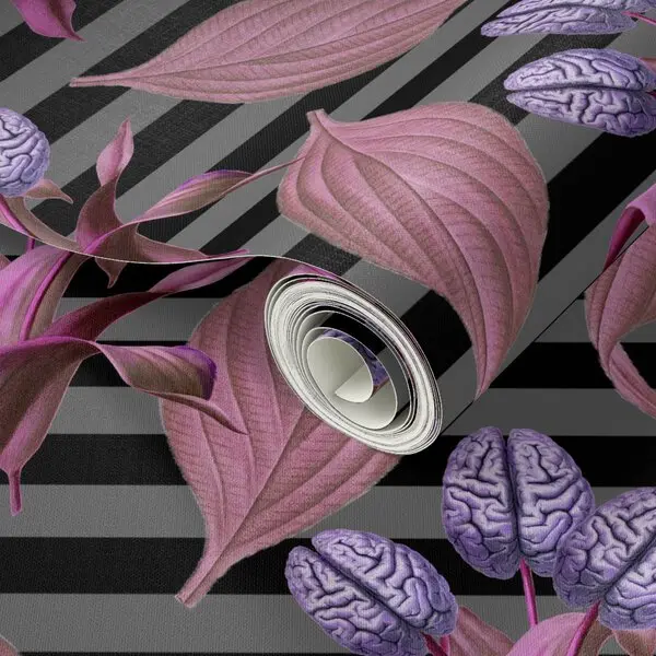 Spoonflower Vintage Leaves Stripes Victorian Gothic Botanical Custom Removable Wallpaper - Gray,purple,black