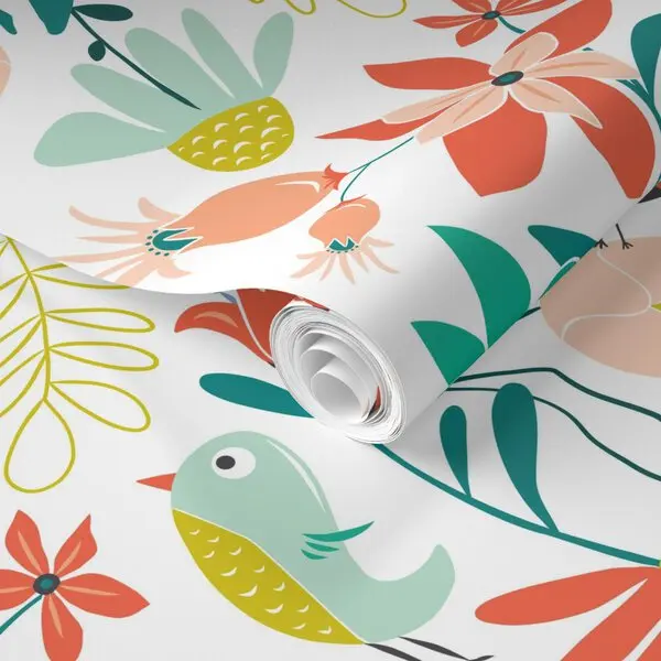 Spoonflower Garden Bird Floral Birds Flowers Florals Spring Custom Removable Wallpaper - White,green,orange