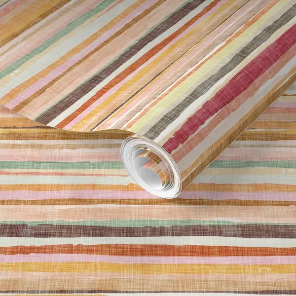 Spoonflower Vintage Stripe Yellow Retro Happy Moroccan Earthy Custom Pre-pasted Wallpaper - Beige,gray