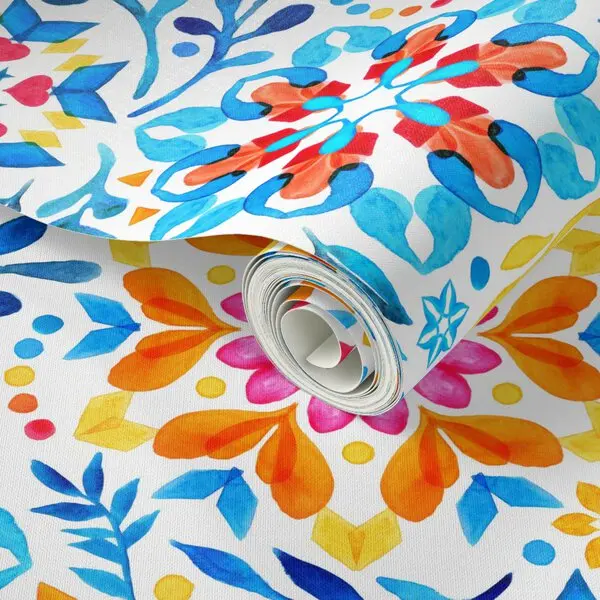 Spoonflower Watercolor Kaleidoscope Floral Orange Yellow Custom Pre-pasted Wallpaper - Blue,pink,white