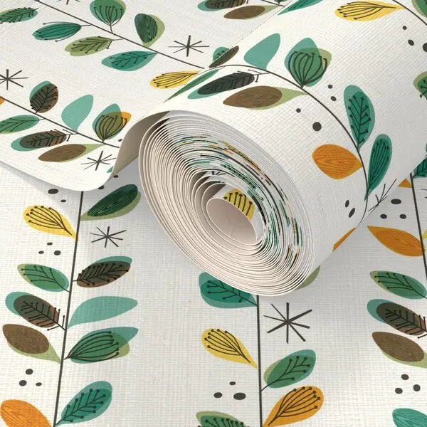 Spoonflower Vintage Retro Mid Century Modern Leaves Botanical 100% Natural Sisal Grasscloth Wallcovering - Orange