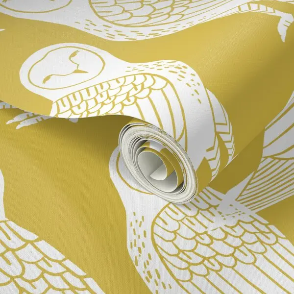 Spoonflower Owls Block Mustard White Hand Illustration Owl Custom Pre-pasted Wallpaper - Yellow,white,beige