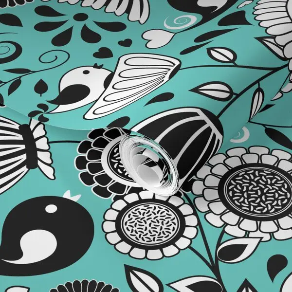 Spoonflower Bird Flower Black White Cute Floral Nature Traditional Wallpaper - Blue,gray