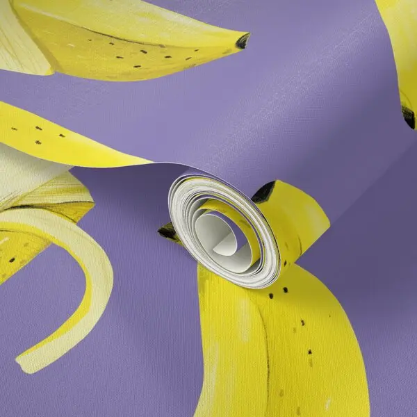 Spoonflower Yellow Fruit Happy Monkey Food Tropical Banana Traditional Wallpaper - Purple,yellow