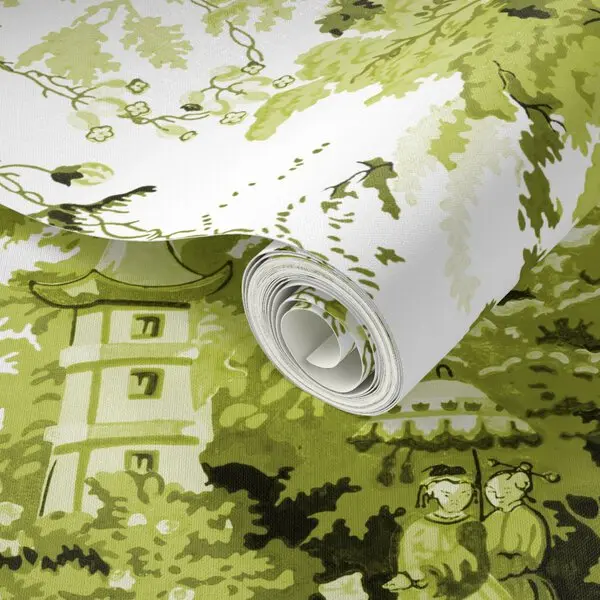 Spoonflower Green Asian Chartreuse Chinese Toile Chinoiserie Custom Pre-pasted Wallpaper - Green,gray,yellow