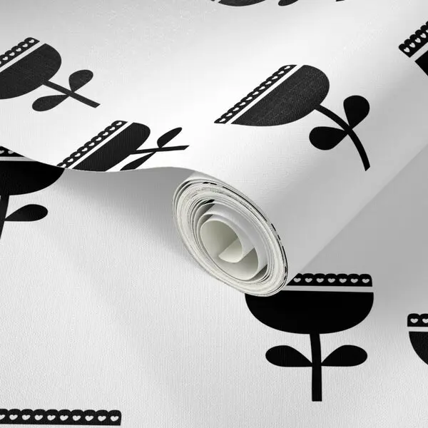 Spoonflower Black And White Flowers Retro Modern Tulips Spring Custom Pre-pasted Wallpaper - Black,white,gray