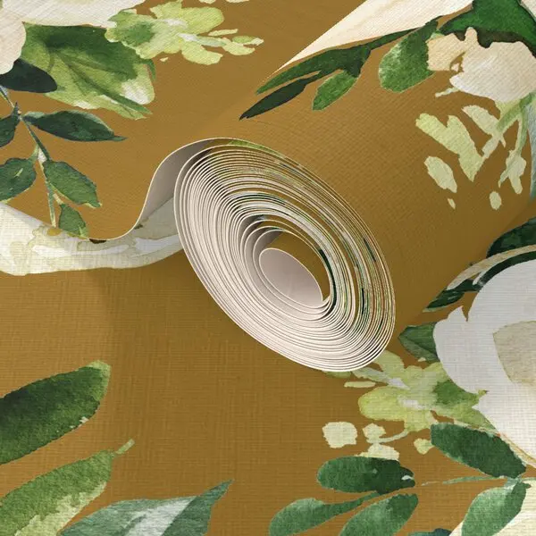 Spoonflower Bohemian Garden Roses Gold 100% Natural Sisal Grasscloth Wallcovering - White,gold,ivory