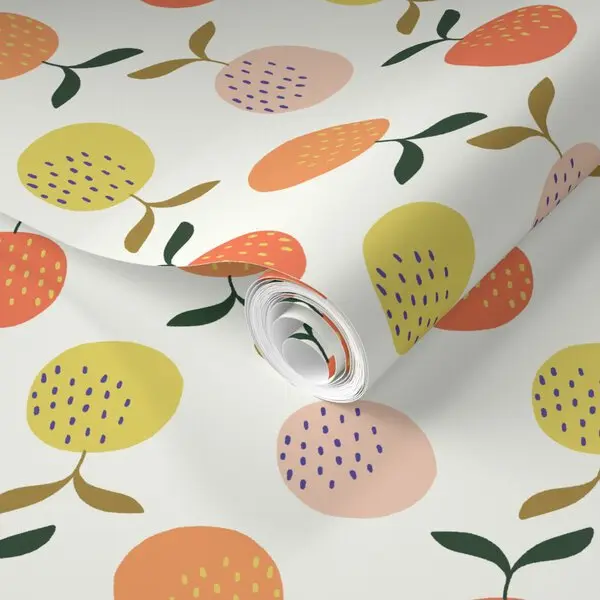 Spoonflower Little Oranges Orange Yellow Pink Blue Green Fruit Custom Pre-pasted Wallpaper - Pink,orange,brown