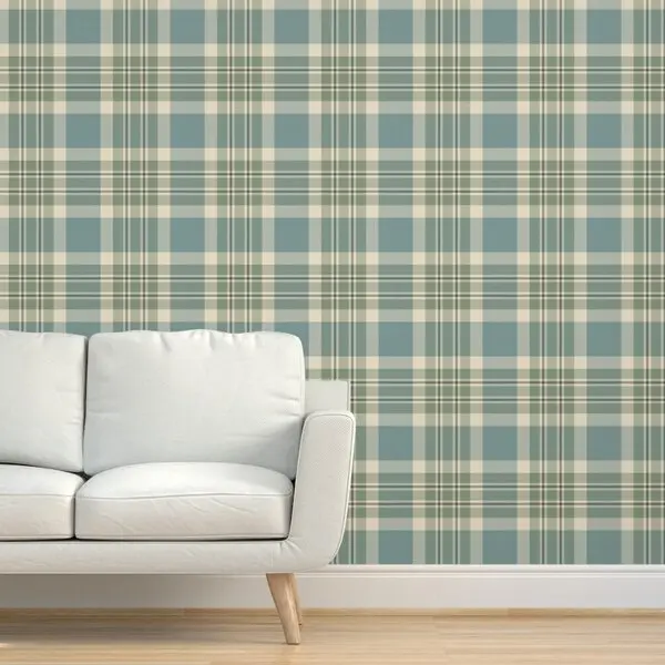 Spoonflower Blue Green & Cream Plaid Large Scale 100% Natural Sisal Grasscloth Wallcovering - Green,blue