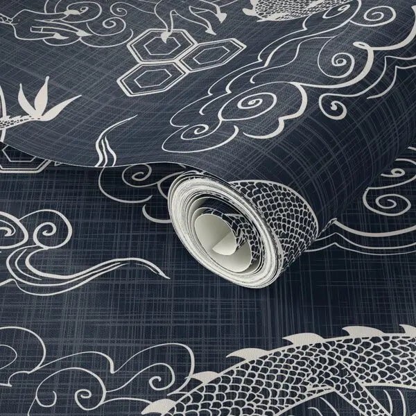 Spoonflower Black Japanese Dragon Tan Fantasy Elegant Custom Pre-pasted Wallpaper - Black,white,blue