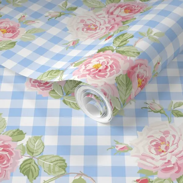 Spoonflower Flowers Plaid Gingham Picnic Roses Bee Blue And Custom Pre-pasted Wallpaper - White,green,red