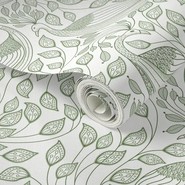 Spoonflower Olive Green Toile Peacock Custom Pre-pasted Wallpaper - Green,gray