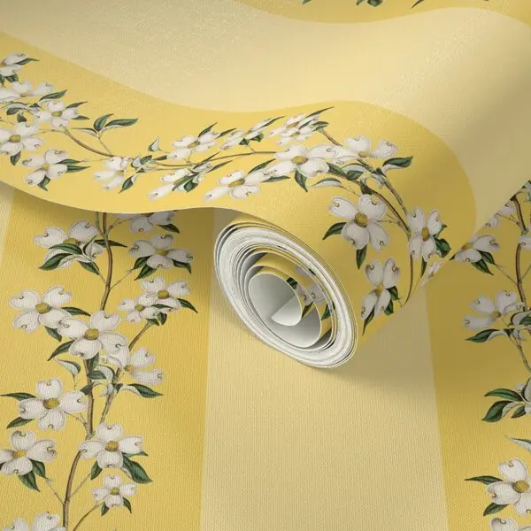 Spoonflower Butter Yellow Floral White Flower Dogwood Custom Removable Wallpaper - White,green,brown