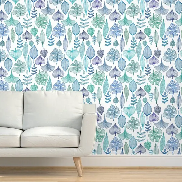 Spoonflower Blue Leaves Pattern Plants Trees Forest Nature Custom Removable Wallpaper