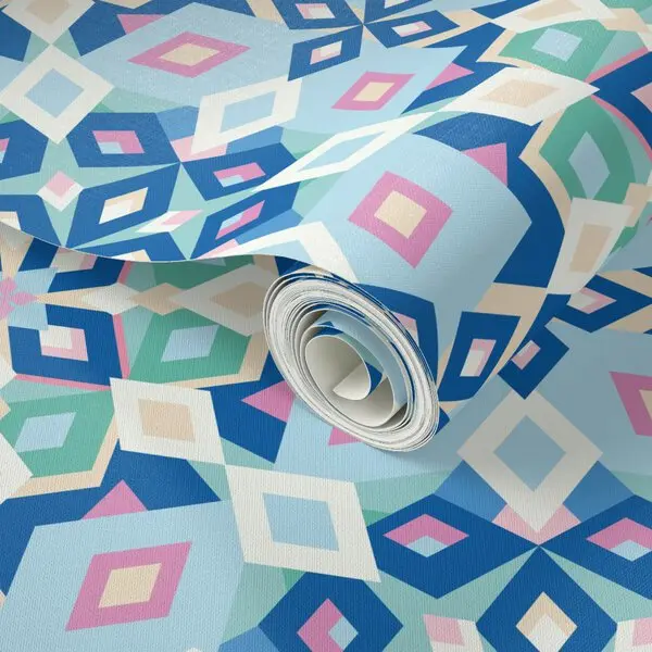 Spoonflower Geometric Kaleidoscope Geometrical Light Colors Custom Removable Wallpaper - Blue,green,purple