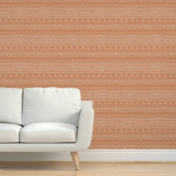 Spoonflower Minimal Boho Mudcloth Bohemian Mayan Abstract 100% Natural Sisal Grasscloth Wallcovering - Orange