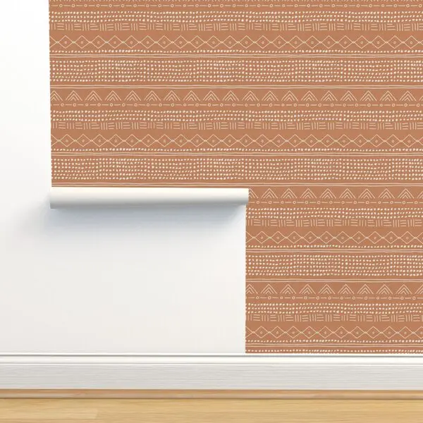 Spoonflower Minimal Boho Mudcloth Bohemian Mayan Abstract 100% Natural Sisal Grasscloth Wallcovering - Orange