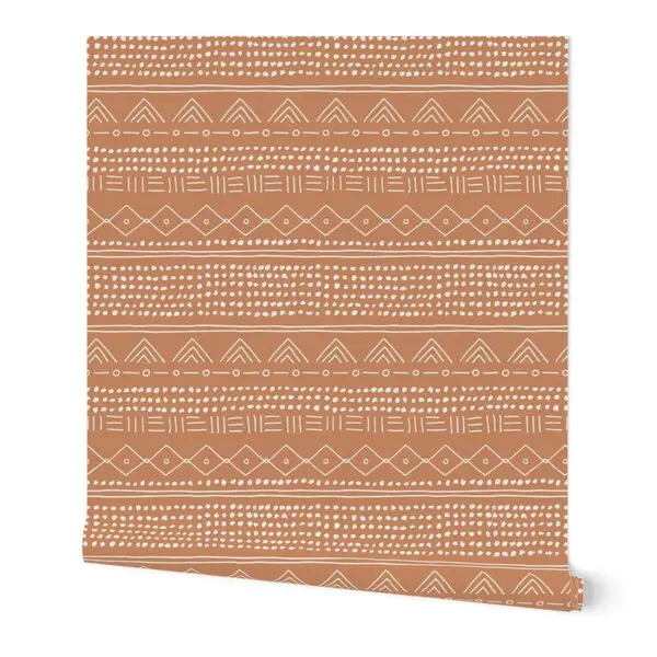 Spoonflower Minimal Boho Mudcloth Bohemian Mayan Abstract 100% Natural Sisal Grasscloth Wallcovering - Orange