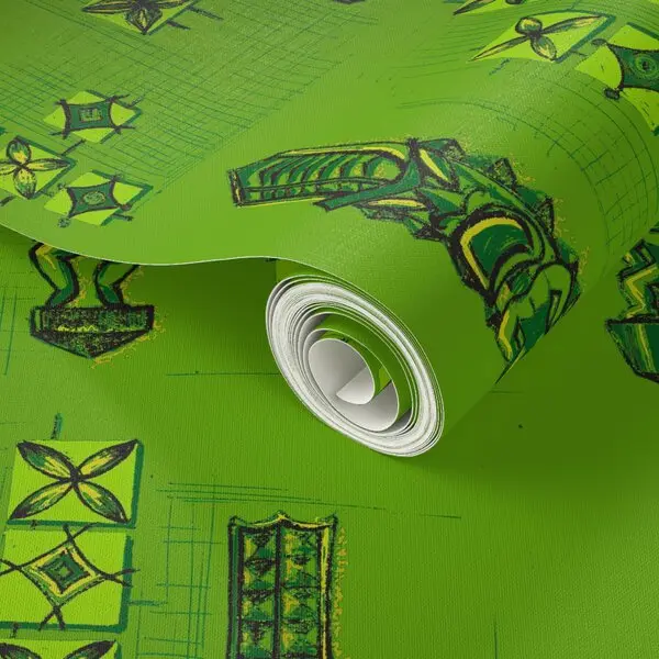 Spoonflower Tiki Tapa Hawaiian Aloha Wear Modern Custom Removable Wallpaper - Green