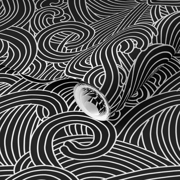 Spoonflower Black And White Ocean Wave Line Traditional Wallpaper - Black,white,gray