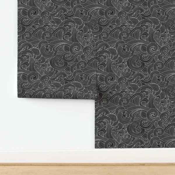 Spoonflower Black And White Ocean Wave Line Traditional Wallpaper