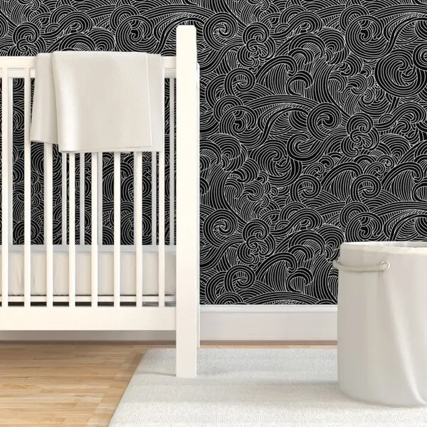 Spoonflower Black And White Ocean Wave Line Traditional Wallpaper