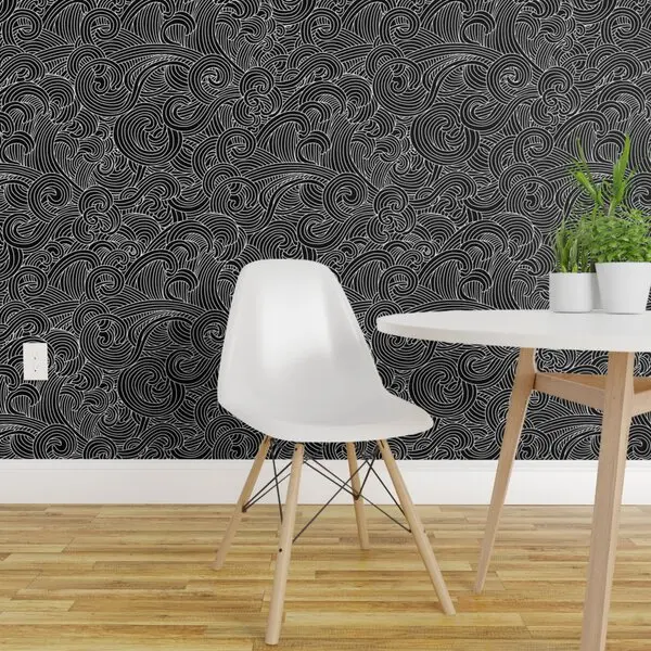 Spoonflower Black And White Ocean Wave Line Traditional Wallpaper