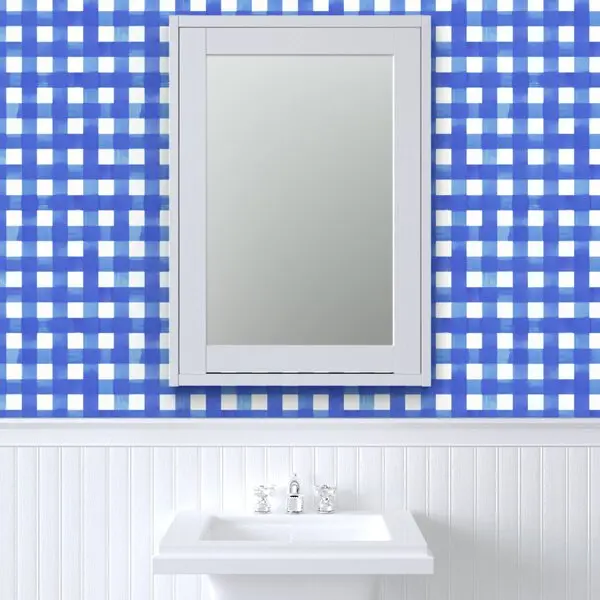 Spoonflower Plaid Gingham Buffalo Check Pattern Classic Custom Pre-pasted Wallpaper - Blue