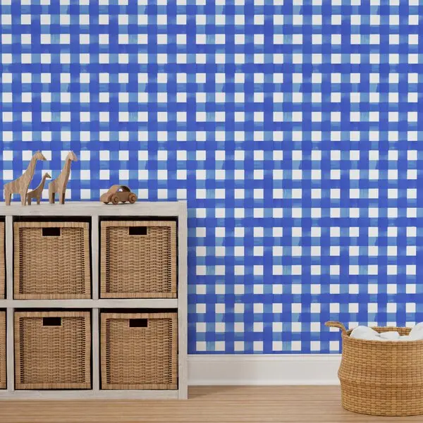 Spoonflower Plaid Gingham Buffalo Check Pattern Classic Custom Pre-pasted Wallpaper - Blue
