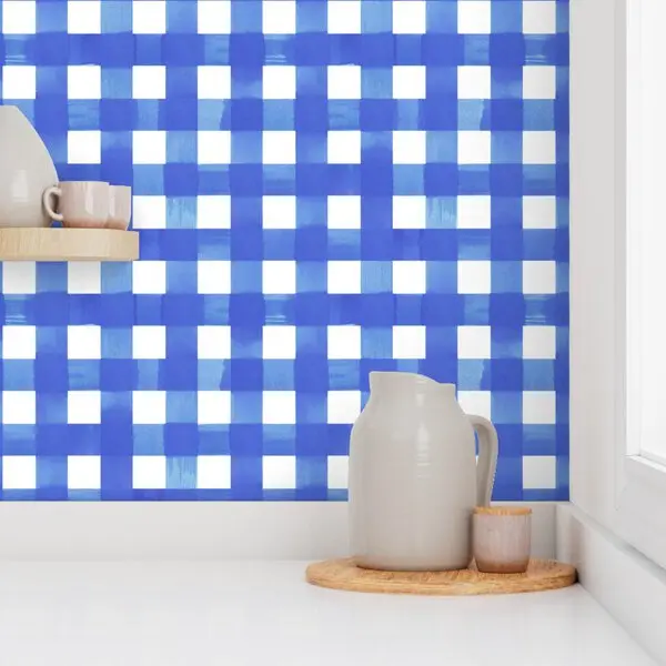 Spoonflower Plaid Gingham Buffalo Check Pattern Classic Custom Pre-pasted Wallpaper - Blue