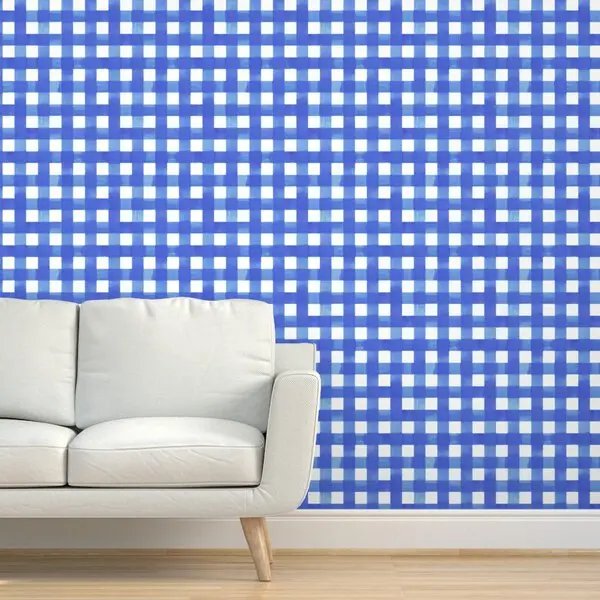 Spoonflower Plaid Gingham Buffalo Check Pattern Classic Custom Pre-pasted Wallpaper - Blue