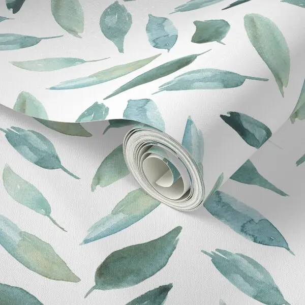 Spoonflower Leaves Herringbone Watercolor Leaf Custom Pre-pasted Wallpaper - White,green,mint
