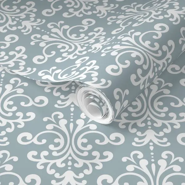 Spoonflower Blue Damask Ornate Swirl Slate Custom Pre-pasted Wallpaper - Blue,white