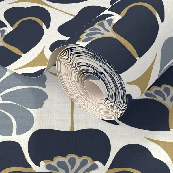 Spoonflower Blue Flowers Floral Nature Gold Japanese Art Custom Pre-pasted Wallpaper - Blue,gray