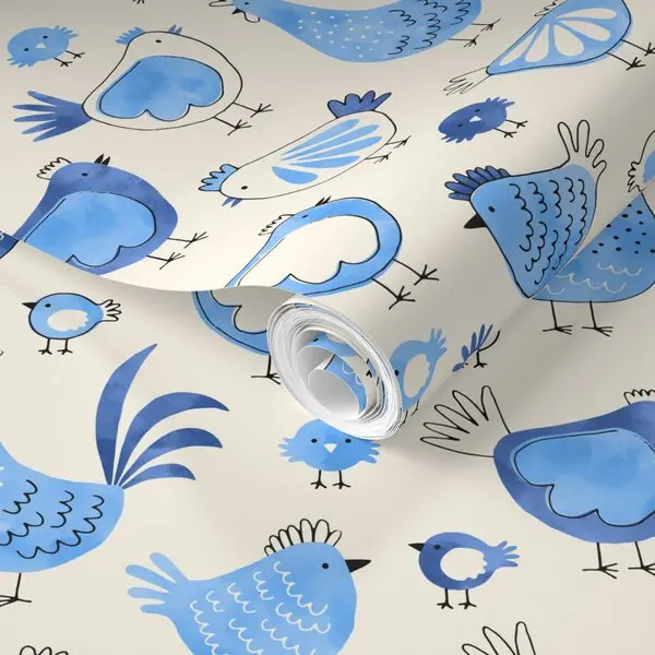 Spoonflower Chicken Rooster Watercolor Blue Modern Farmhouse Custom Pre-pasted Wallpaper - Blue,beige,green