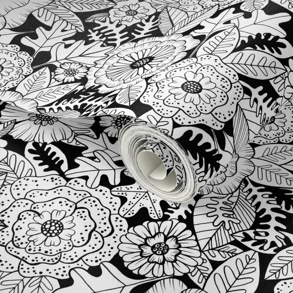 Spoonflower Florals Coloring Book Floral Flower Black White Custom Removable Wallpaper - White,black,gray