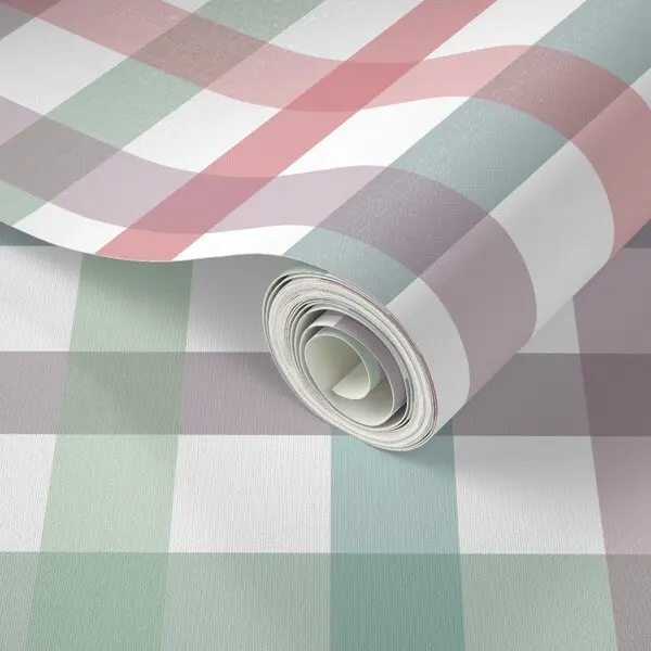 Spoonflower Country Checks Pastel Checkered Squares Light Pink Traditional Wallpaper - Gray,green,red