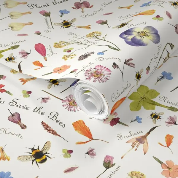 Spoonflower Awareness Bee Pollinators Environmental Custom Removable Wallpaper - Beige,white,purple
