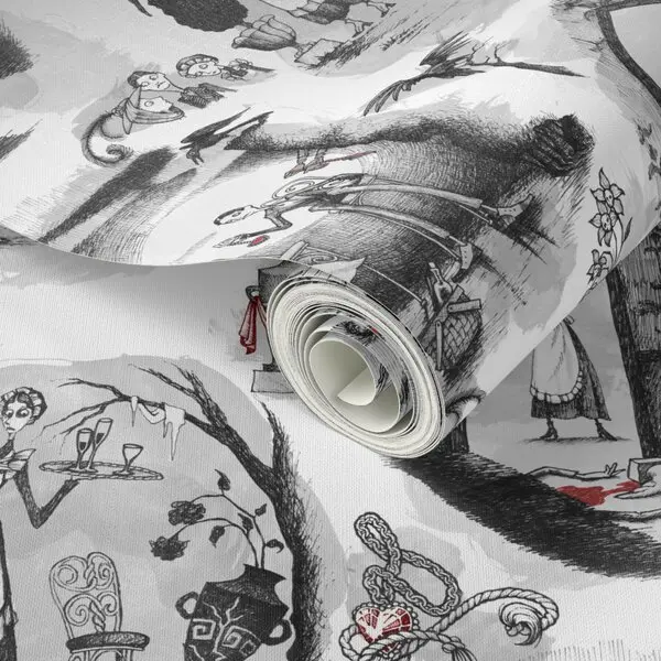 Spoonflower Victorian Ink Pen Toile Murder De Jouy Poison Traditional Wallpaper - Gray,black,red