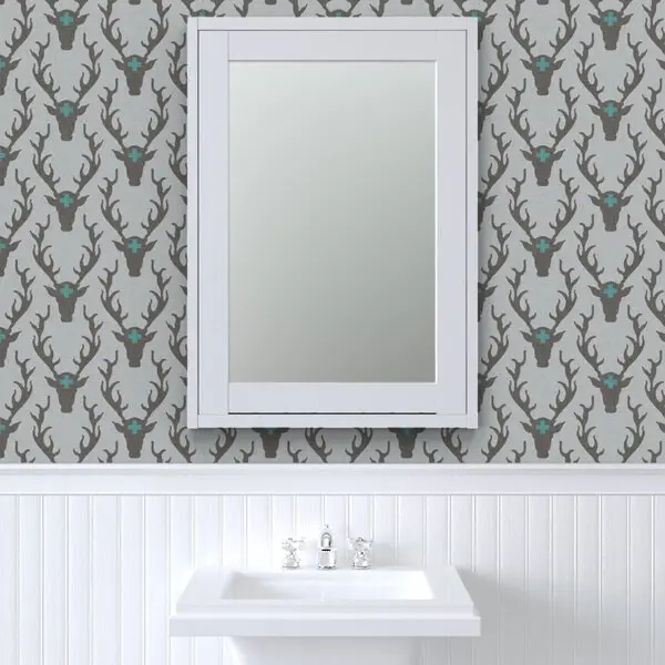 Spoonflower Deer Head Gray Blue Buck Plus Sign Look Elk Custom Removable Wallpaper - Gray,blue