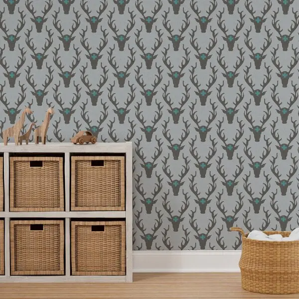 Spoonflower Deer Head Gray Blue Buck Plus Sign Look Elk Custom Removable Wallpaper - Gray,blue