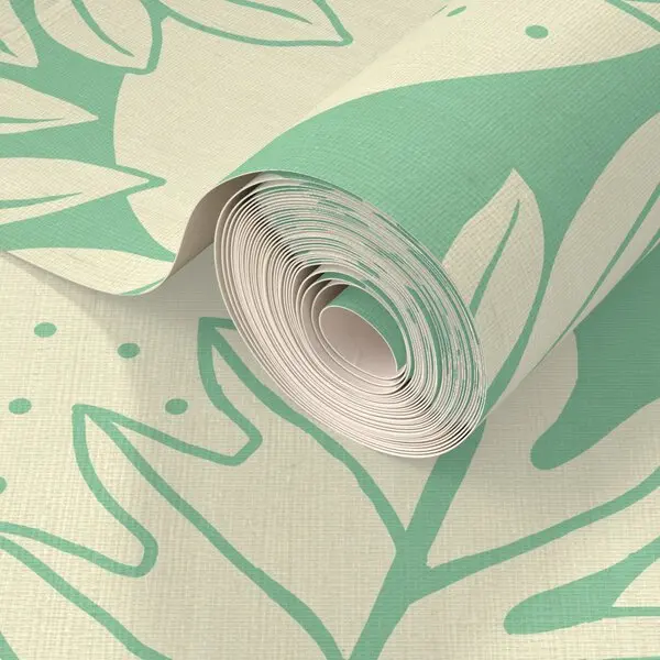 Spoonflower Medium Breadfruit Ulu Line Drawing Cream And 100% Natural Sisal Grasscloth Wallcovering - Green