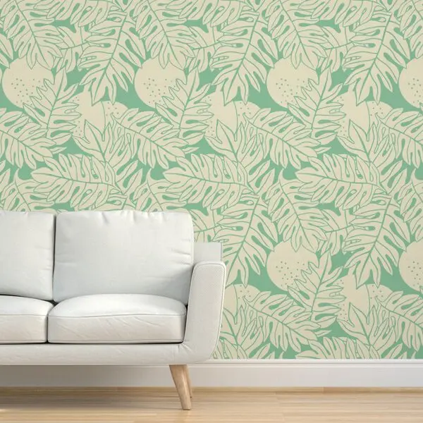 Spoonflower Medium Breadfruit Ulu Line Drawing Cream And 100% Natural Sisal Grasscloth Wallcovering - Green
