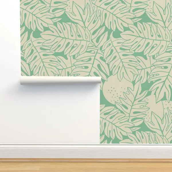 Spoonflower Medium Breadfruit Ulu Line Drawing Cream And 100% Natural Sisal Grasscloth Wallcovering - Green