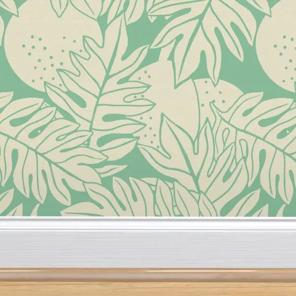 Spoonflower Medium Breadfruit Ulu Line Drawing Cream And 100% Natural Sisal Grasscloth Wallcovering - Green