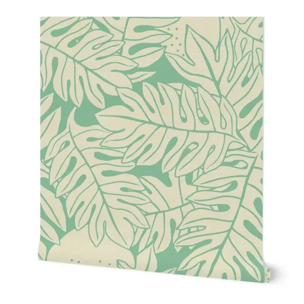 Spoonflower Medium Breadfruit Ulu Line Drawing Cream And 100% Natural Sisal Grasscloth Wallcovering - Green