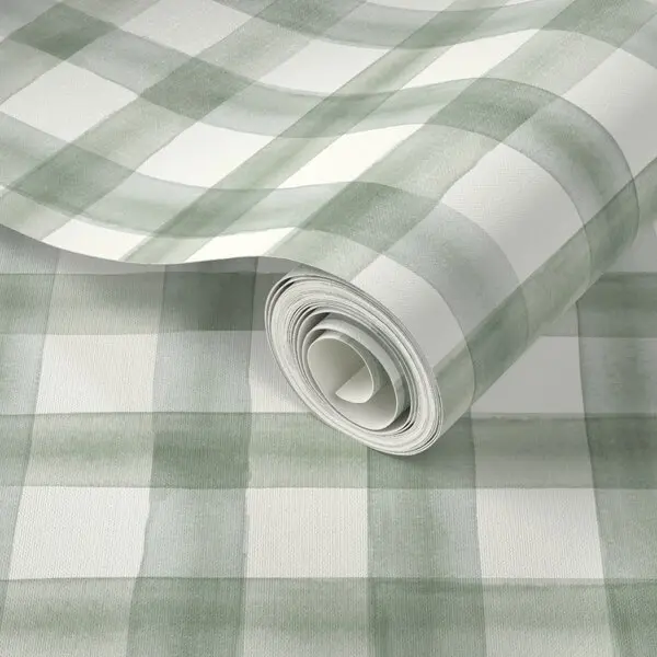 Spoonflower Sage Green Watercolor Plaid Custom Pre-pasted Wallpaper - Green,white,gray